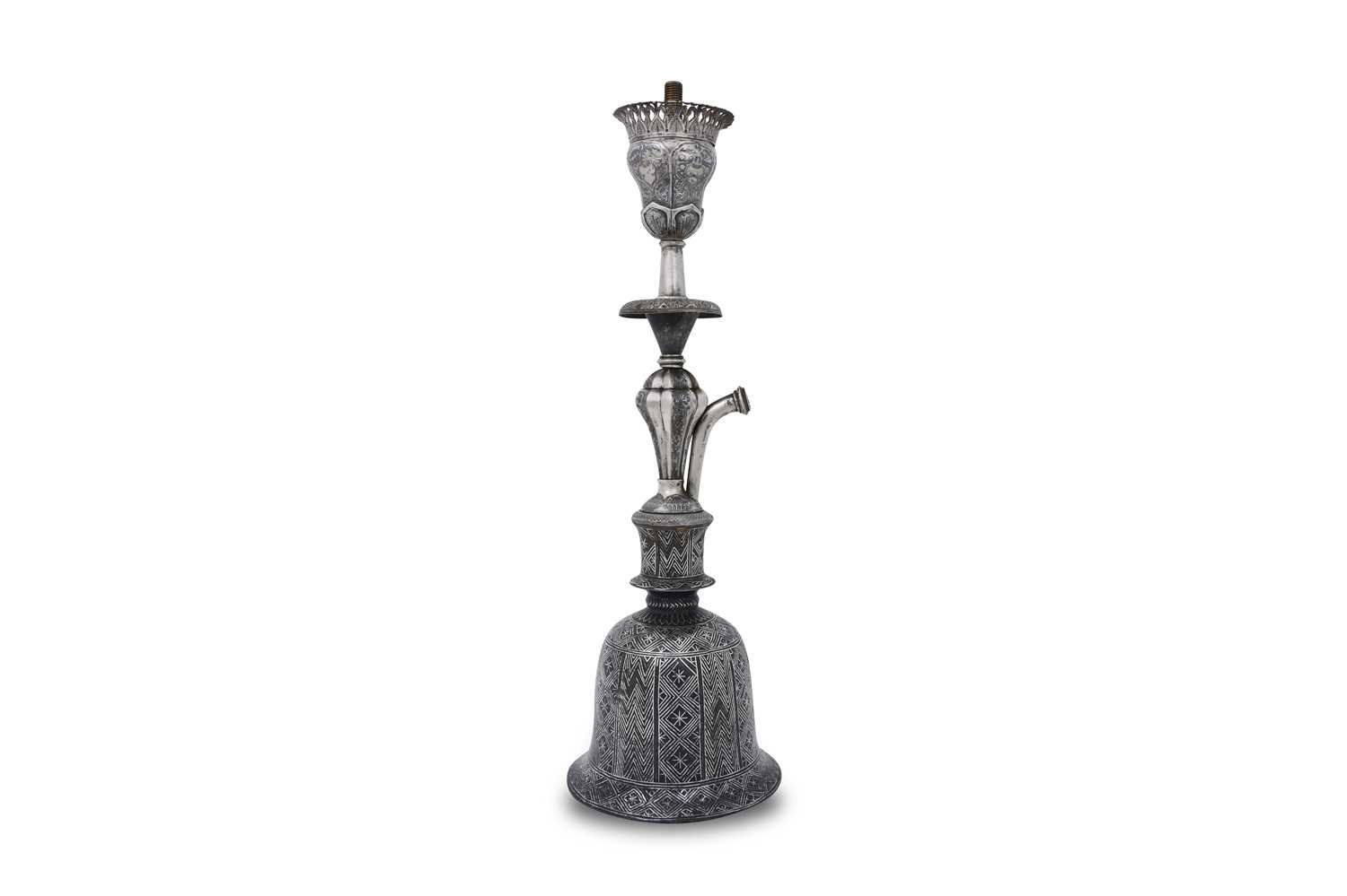 Lot 333 - AN INDIAN BIDRI SILVER INLAY HUQQA BASE WITH